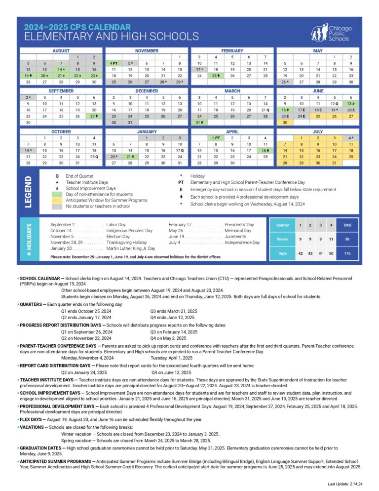 Chicago Public School Calendar with Holidays 2024-2025