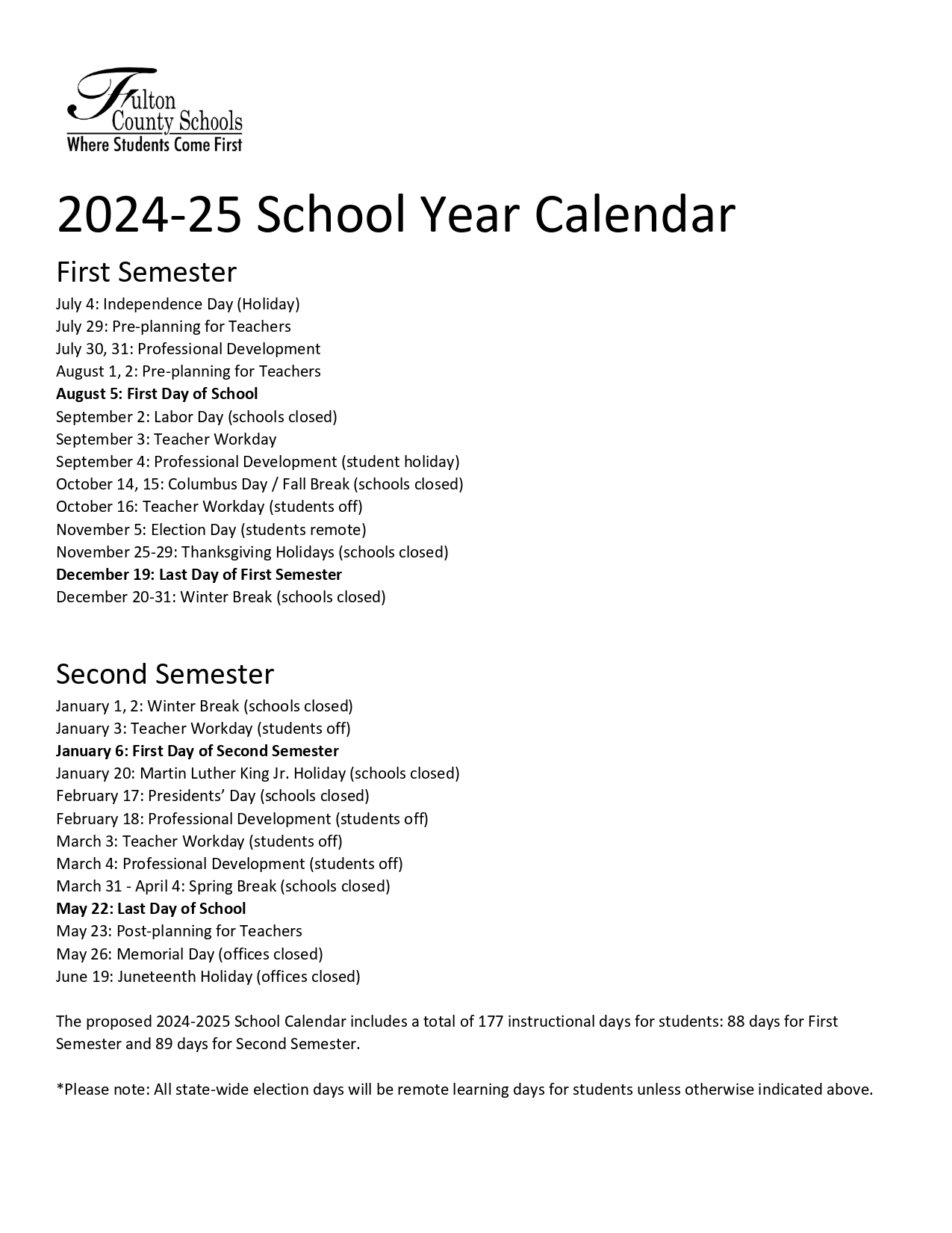 Fulton County School Calendar with Holidays 2024-2025