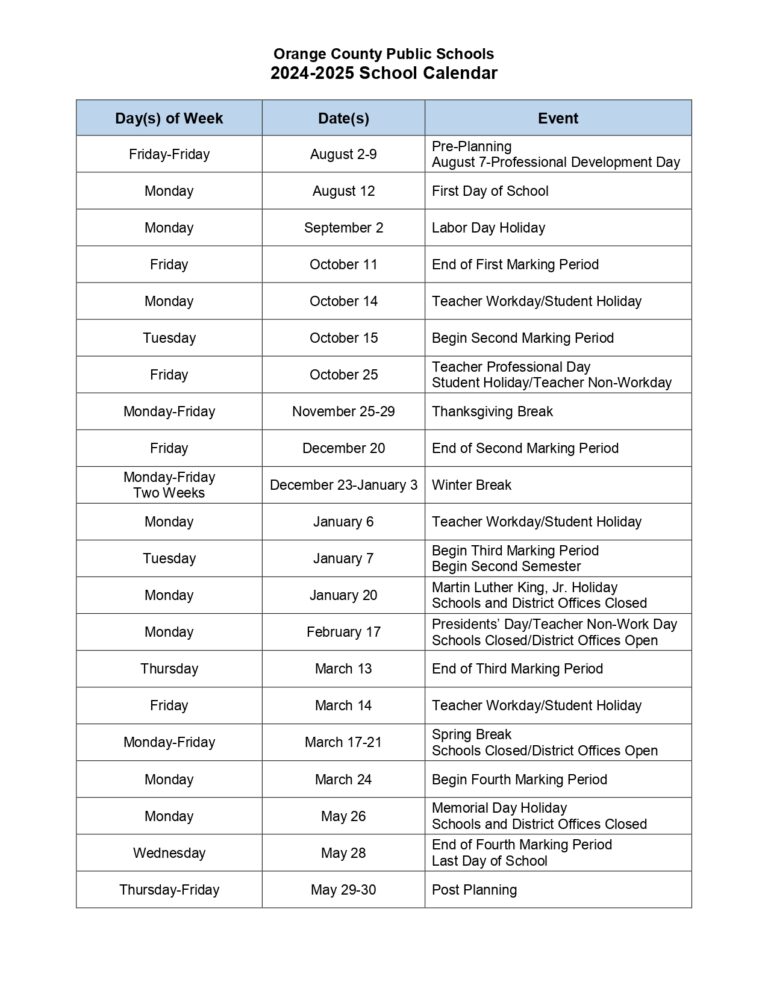 Orange County Schools Calendar with Holidays 2024-2025