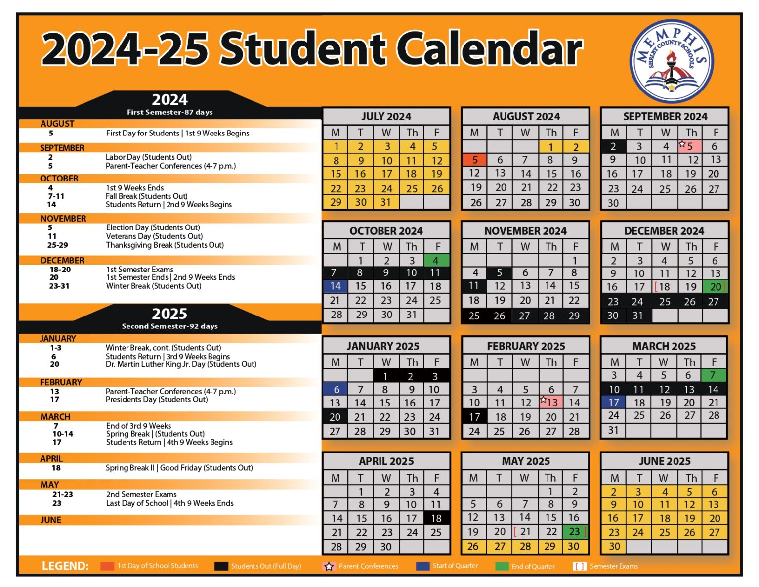 Shelby County Schools Calendar with Holidays 2024-2025