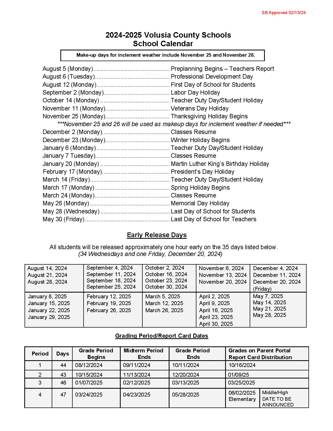 Volusia County School Holidays - In School Calendar
