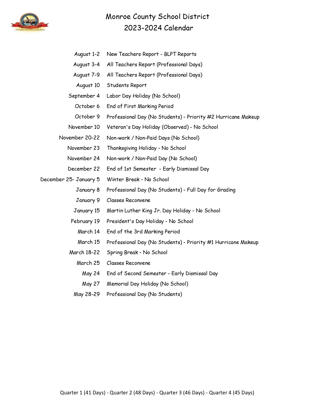 Monroe County School Calendar 2024-2025 [Academic Year]