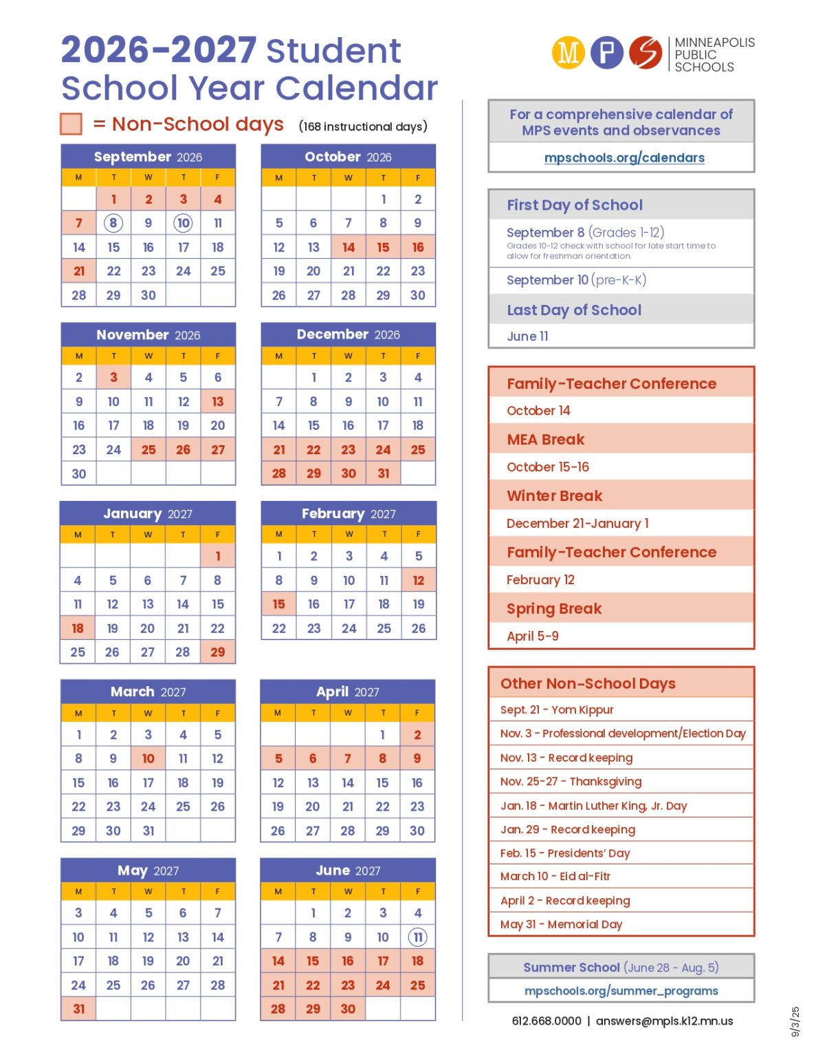 Minneapolis Public Schools Calendar 2026-2027 [MPS]